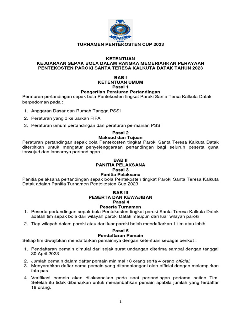 Aturan Turnamen Pentekosten Cup 2023 | PDF
