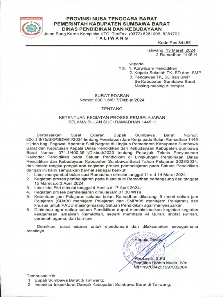 Surat Edaran Proses Pembelajaran Selama Bulan Ramadhan 1445 H | PDF