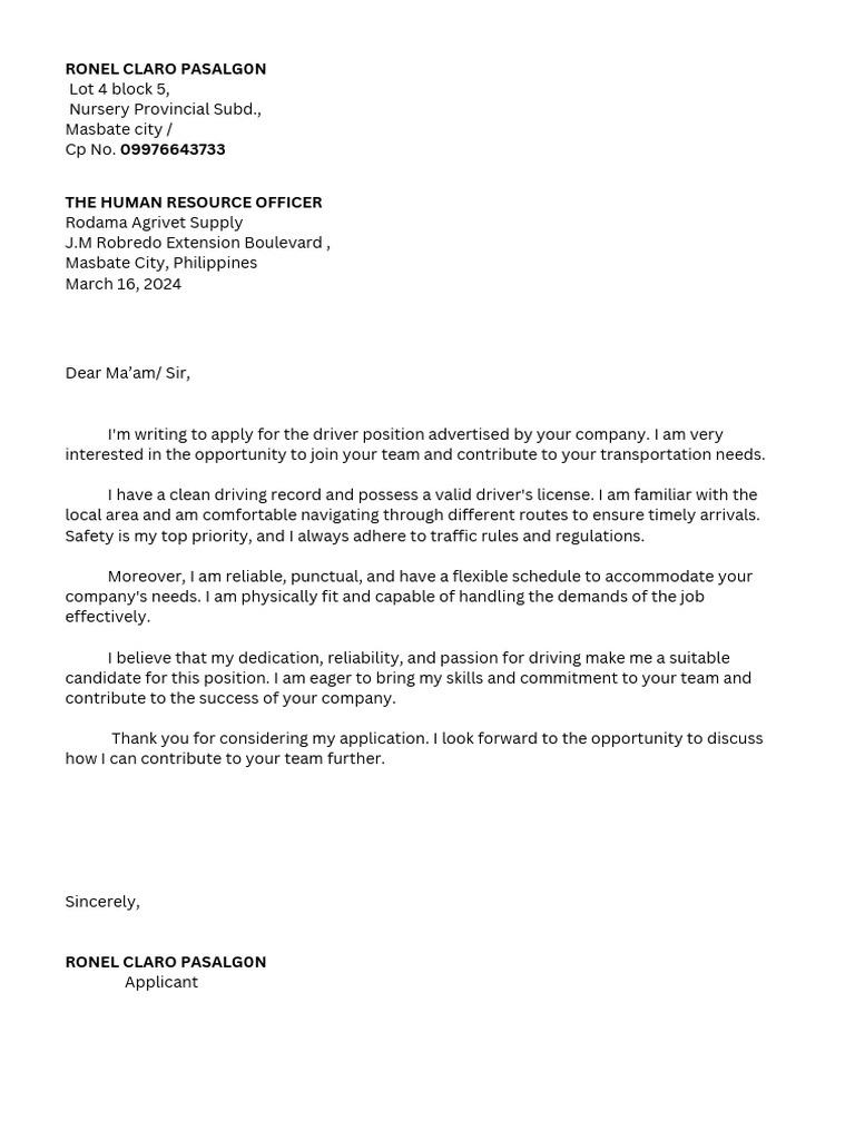 Application for Driver Position | PDF