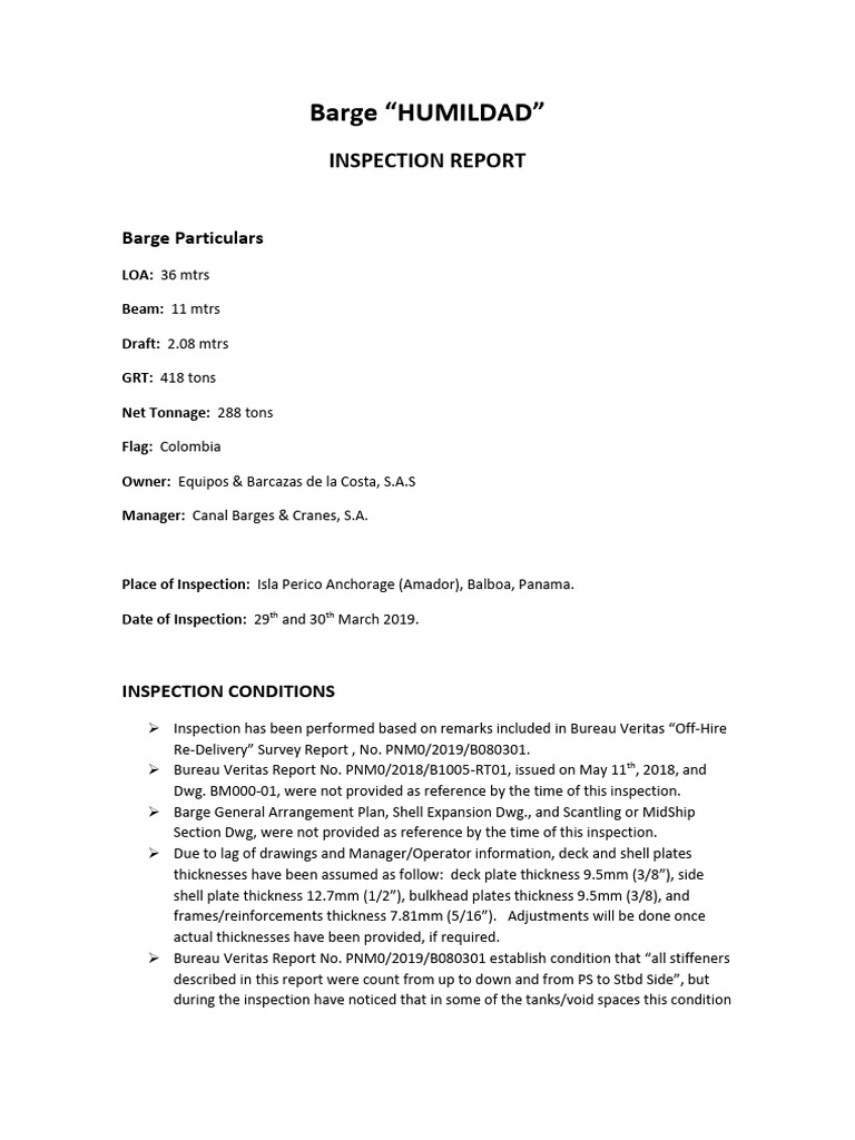 Barge HUMILDAD - Inspection Report 2 | PDF | Tonnage | Deck (Ship)