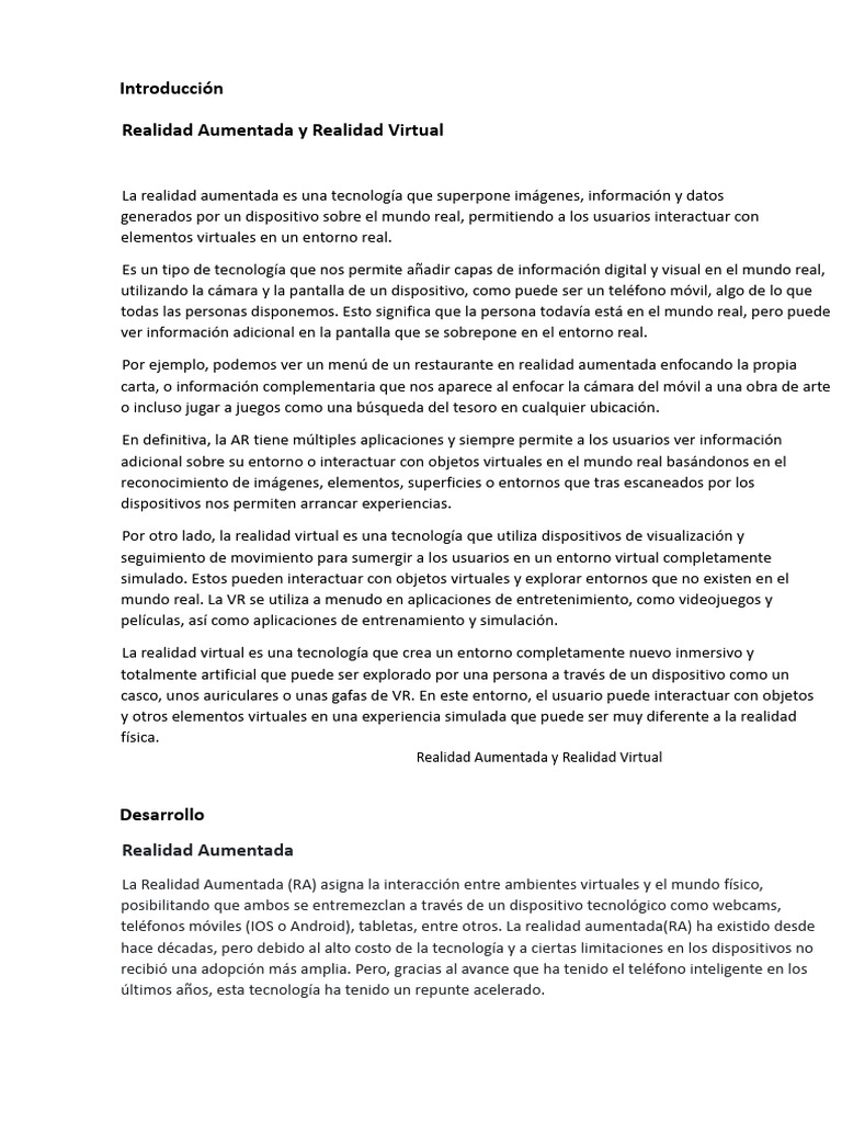 Realidad Aumentada y Virtual: Definición y Usos | PDF | Realidad ...