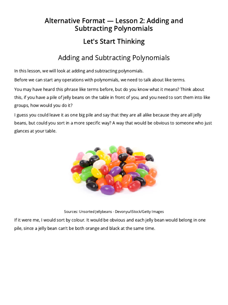 CEMC's Open Courseware - Lesson 2 - Adding and Subtracting Polynomials | PDF | Subtraction ...