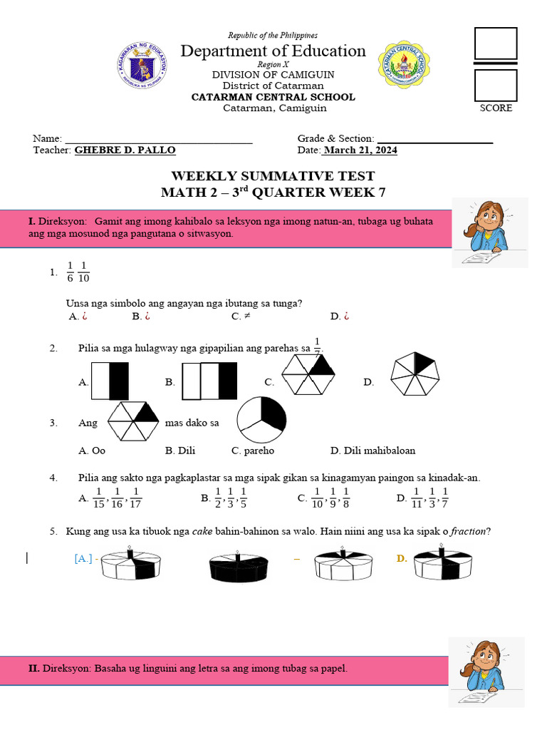 MATH 2 Weekly Test - Q3 Week 7 | PDF