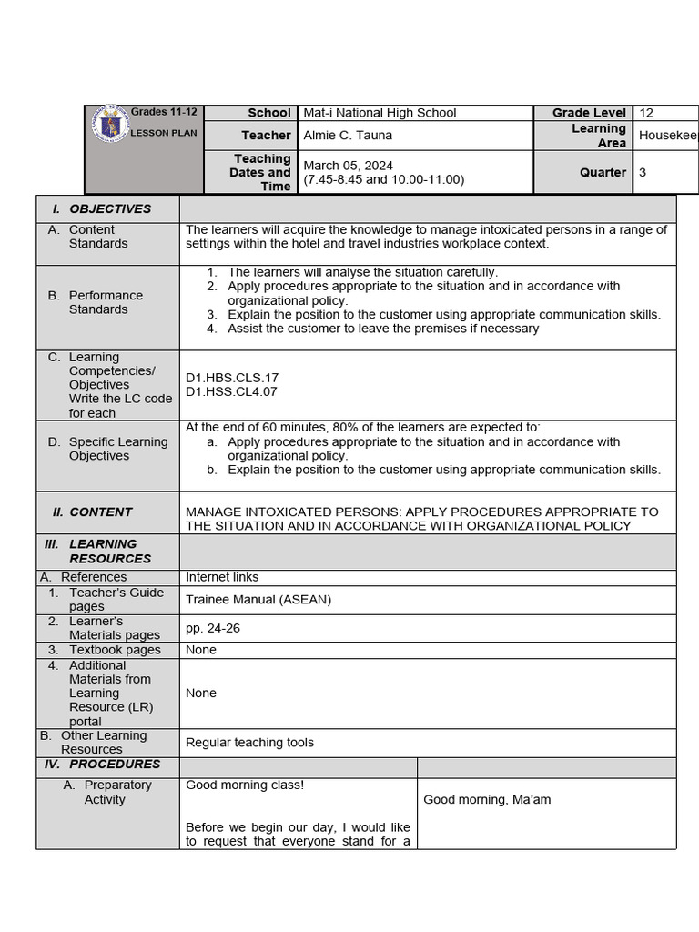 DETAILED LESSON PLAN FOR SHS | PDF | Learning | Behavior Modification