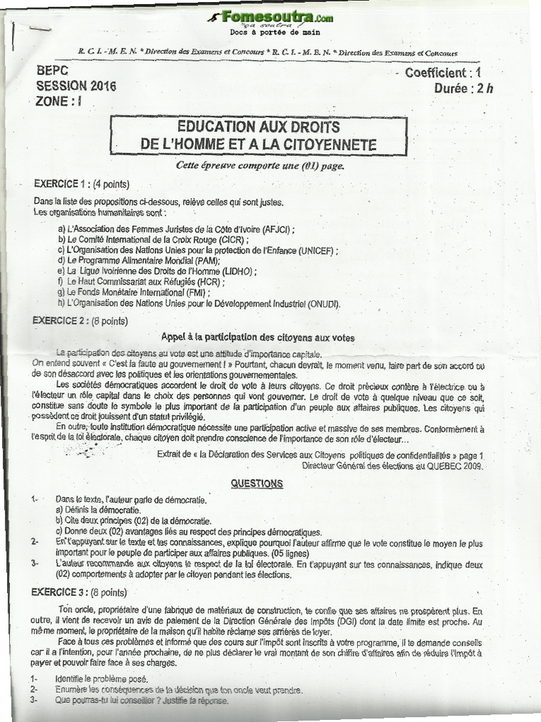 612b484c1812dsujet Corrige Et Bareme Edhc Bepc 2016 Zone 1 | PDF