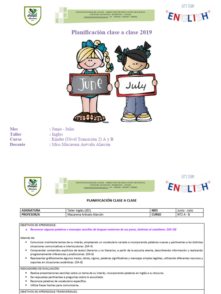 Planificación Taller Inglés NT2 A-B | PDF | Educación de la primera ...