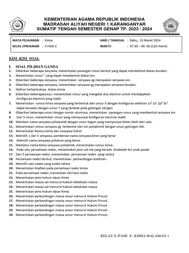 Kisi-Kisi STS Kimia X 2024 | PDF
