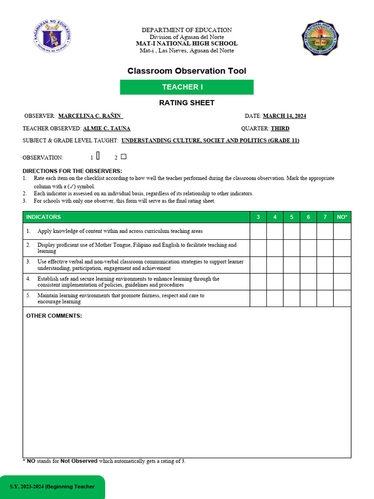 Classroom Observation Tool: Teacher I | PDF | Learning | Teachers