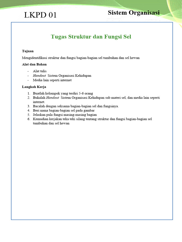 LKPD 1 Tugas Literasi Sel Handout | PDF