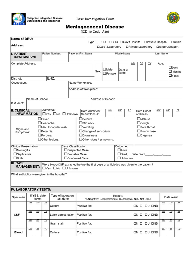 Case Investigation Form - Meningococcal Disease | PDF | Health Sciences | Epidemiology