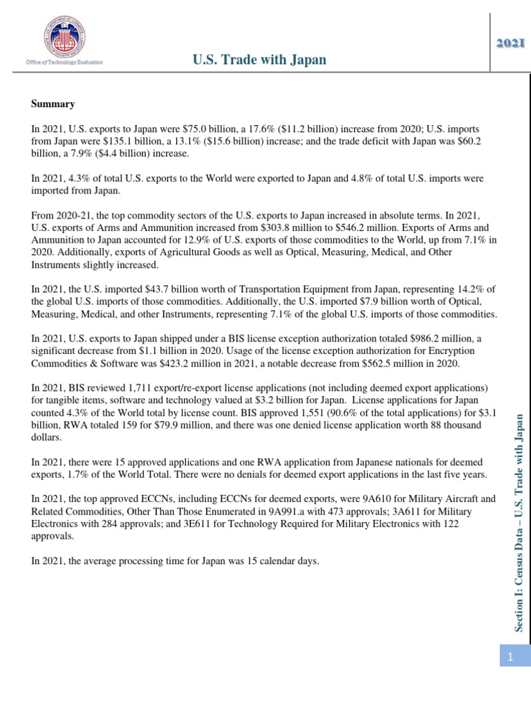 2021 Statistical Analysis of U.S. Trade With Japan Public Version OTE | PDF