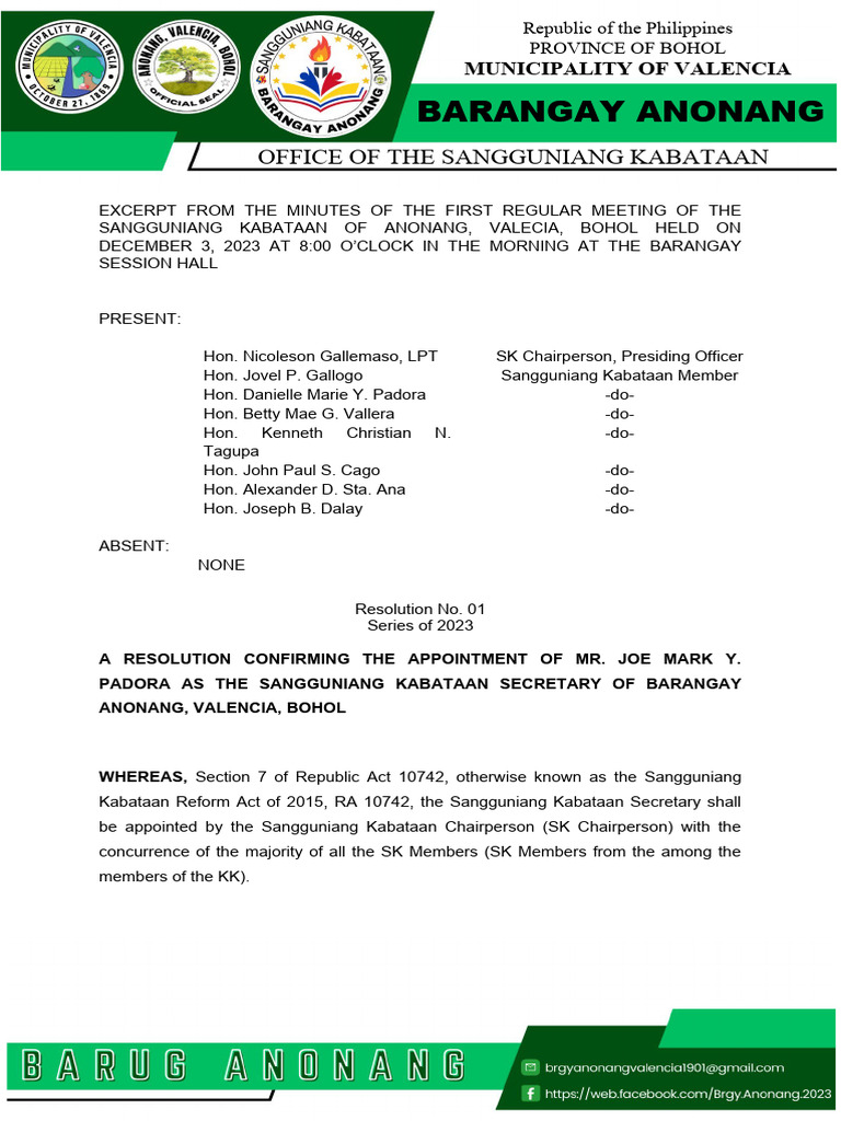 Reso 1 SK Secretary | PDF | Youth Organizations