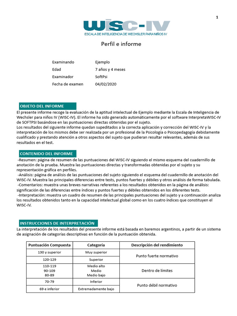 Ejemplo Wisc IV | PDF | Ciencia cognitiva | Psicología cognitiva