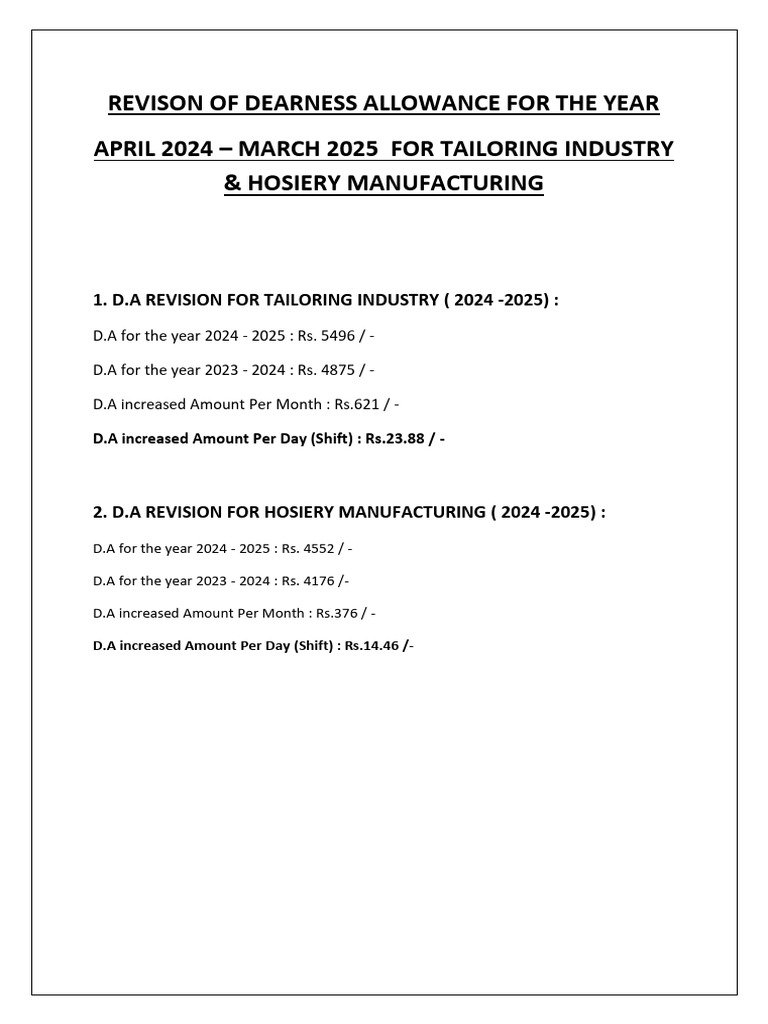 Dearness Allowance Revision - 2024 To 2025 | PDF