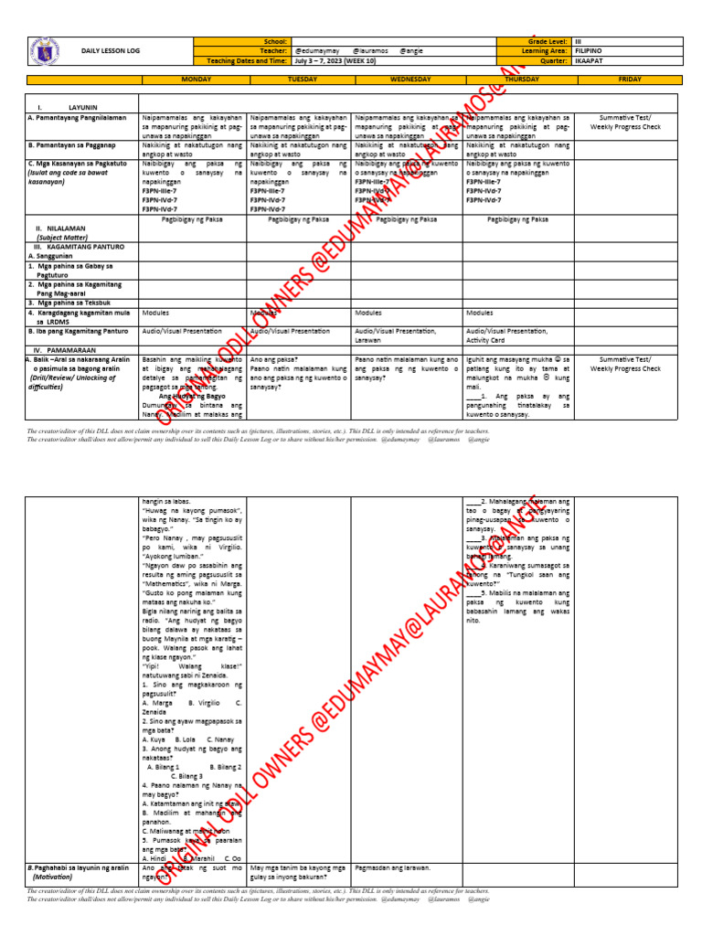 DLL - FIL3 - Q4 - W10 - Naibibigay Ang Paksa NG Kuwento o Sanaysay Na Napakinggan@edumaymay ...