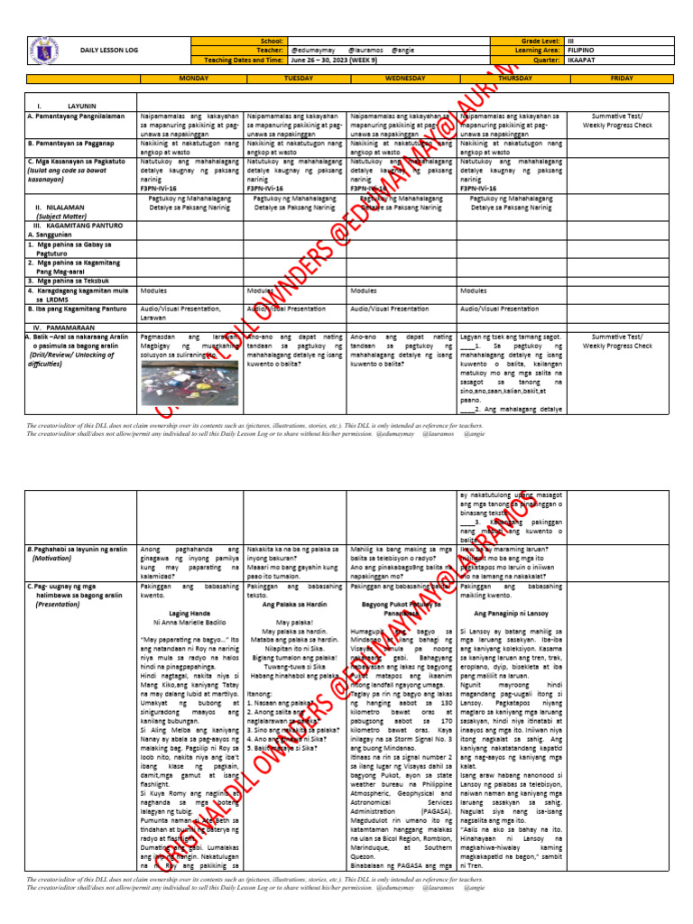 DLL - FIL3 - Q4 - W9 - Natutukoy Ang Mahahalagang Detalye Kaugnay NG ...