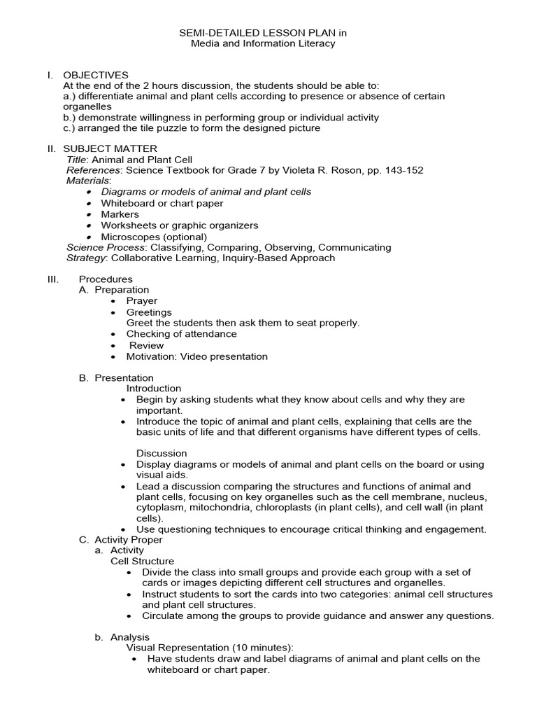 Animal vs Plant Cells Lesson Plan | PDF | Cell (Biology) | Lesson Plan