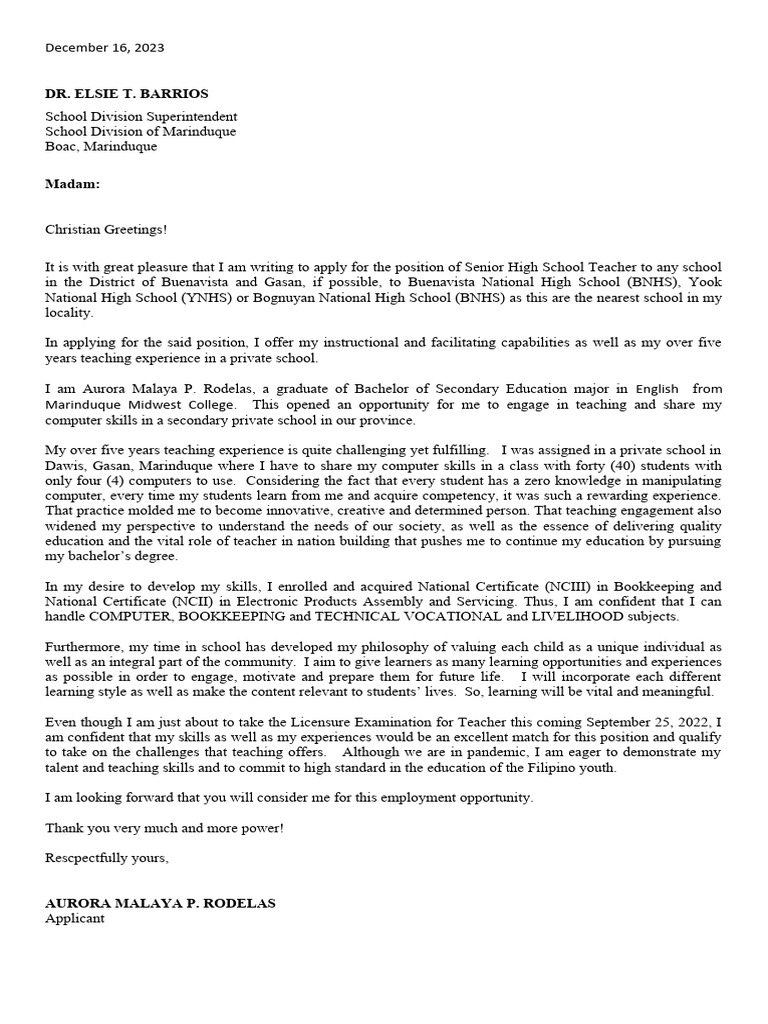 Application Letter Deped | PDF | Teachers | Cognition Application Letter Deped | PDF | Teachers | Cognition