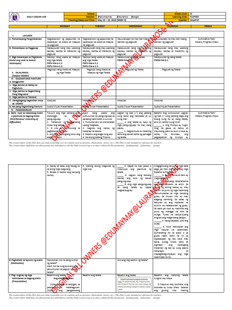 DLL - FIL3 - Q4 - W3 - Nasisipi Nang Wasto at Maayos Ang Mga Talata @edumaymay@lauramos@angie | PDF