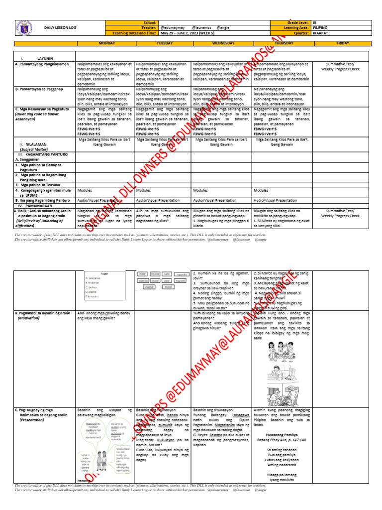 DLL - FIL3 - Q4 - W5 - Nagagamit Ang Mga Salitang Kilos Sa Pag-Uusap @edumaymay@lauramos@angie | PDF