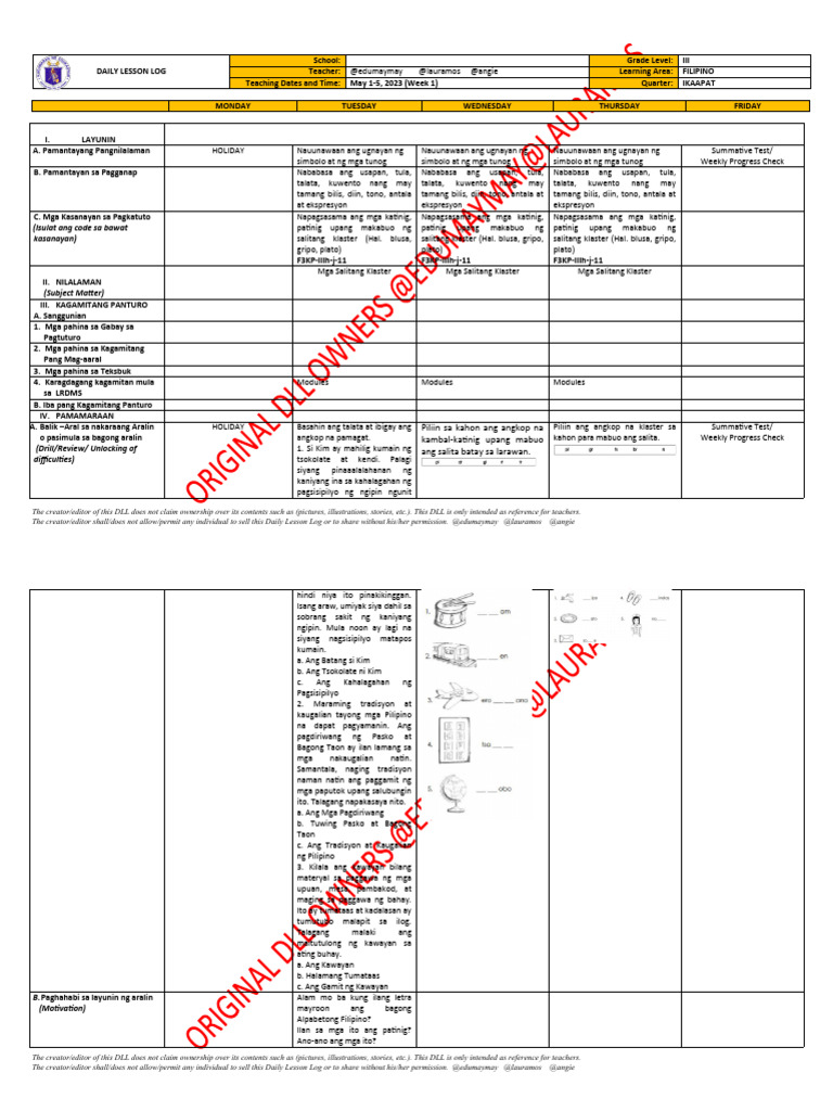 DLL - FIL3 - Q4 - W1 - Napagsasama Ang Mga Katinig, Patinig Upang Makabuo NG Salitang Klaster ...