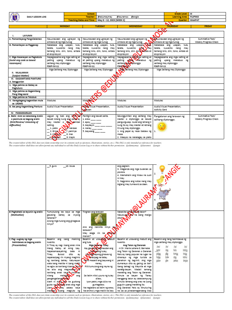 DLL - FIL3 - Q4 - W2 - Napagsasama Ang Mga Katinig at Patinig Upang ...