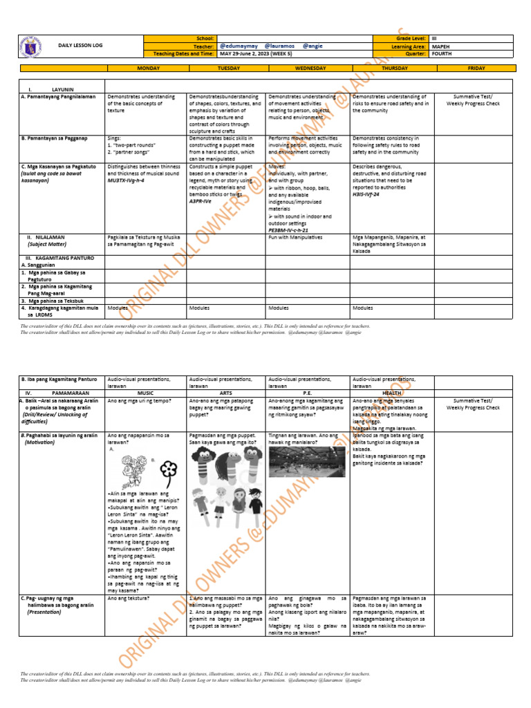 Grade 3 MAPEH Lesson Plan | PDF