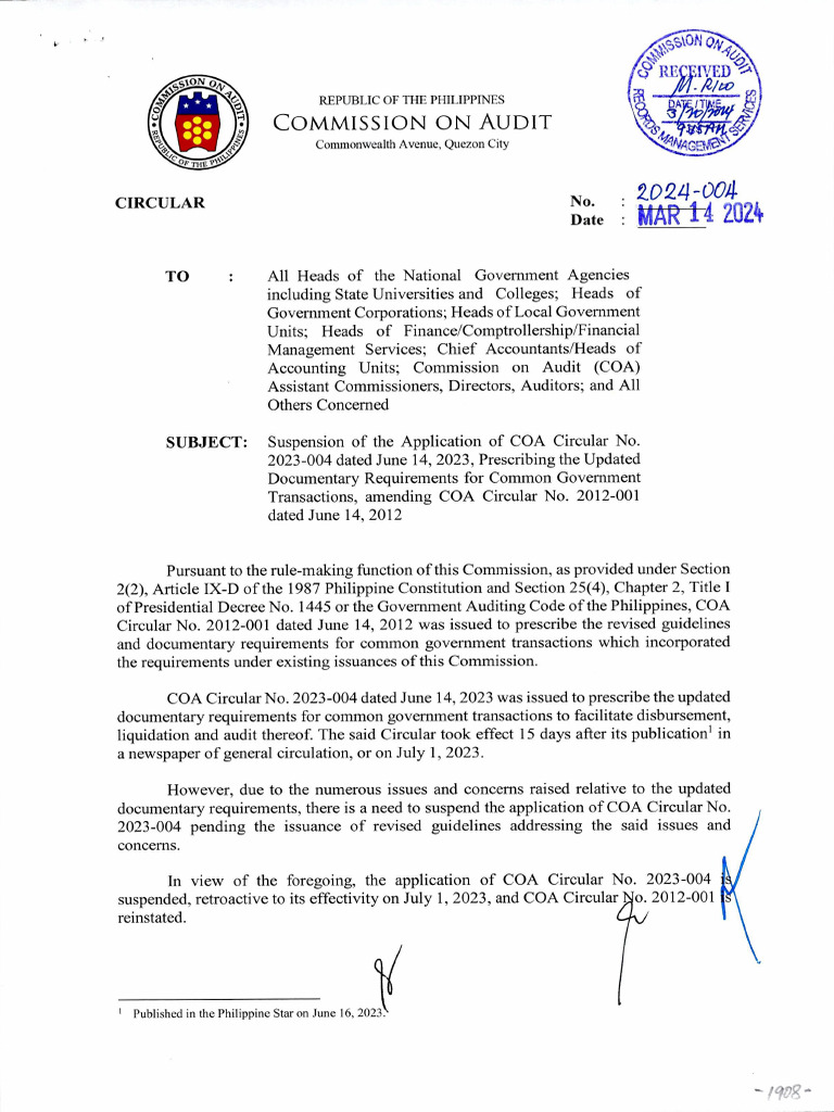 COA CIRCULAR NO. 2024 004 March 14 2024 | PDF | Audit | Legal Documents