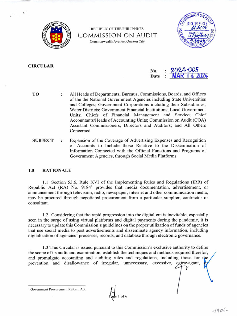 COA CIRCULAR NO. 2024 005 March 14 2024 | PDF | Payments | Social Media