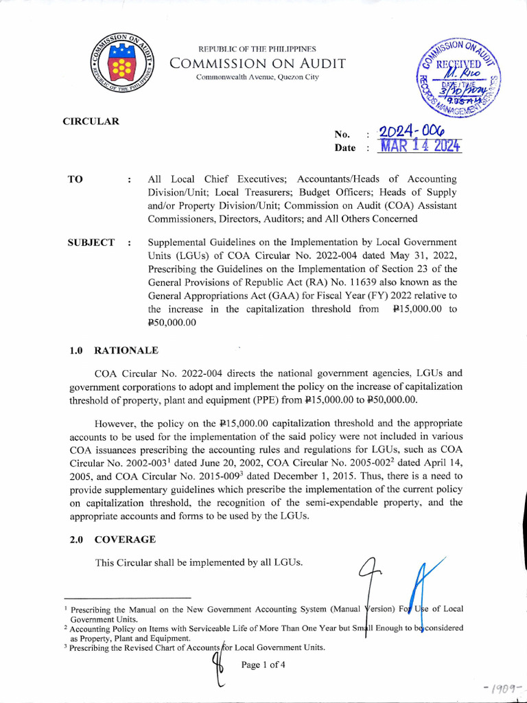 COA CIRCULAR NO. 2024 006 March 14 2024 | PDF | Debits And Credits | Depreciation