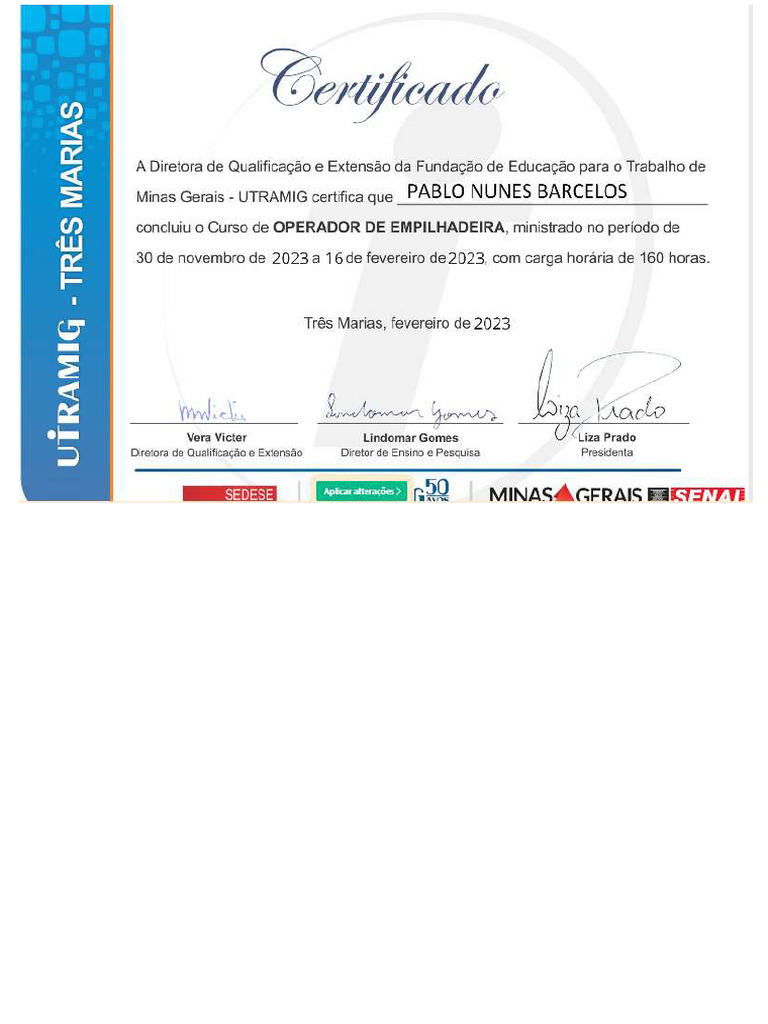 2015 Certificado Operador de Empilhadeira | PDF
