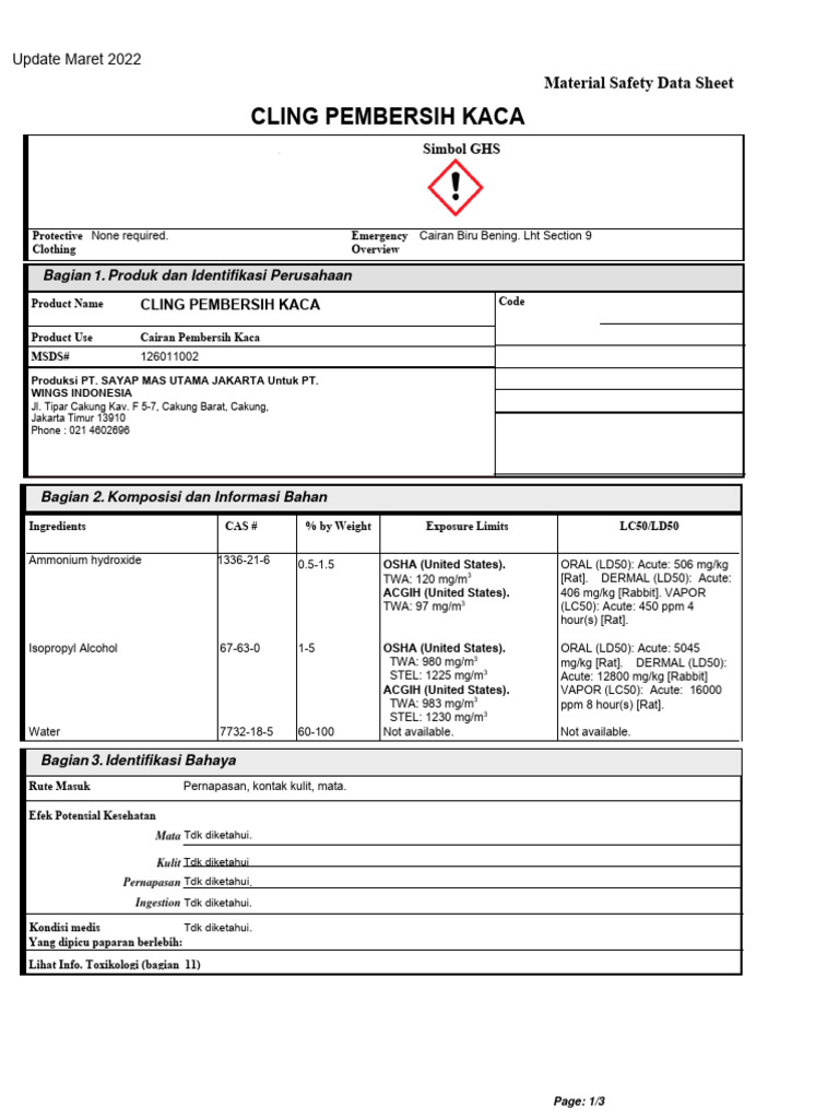MSDS CLING Pembersih Kaca | PDF