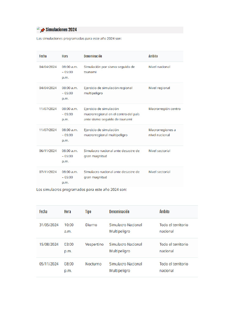FECHAS DE SIMULACROS | PDF
