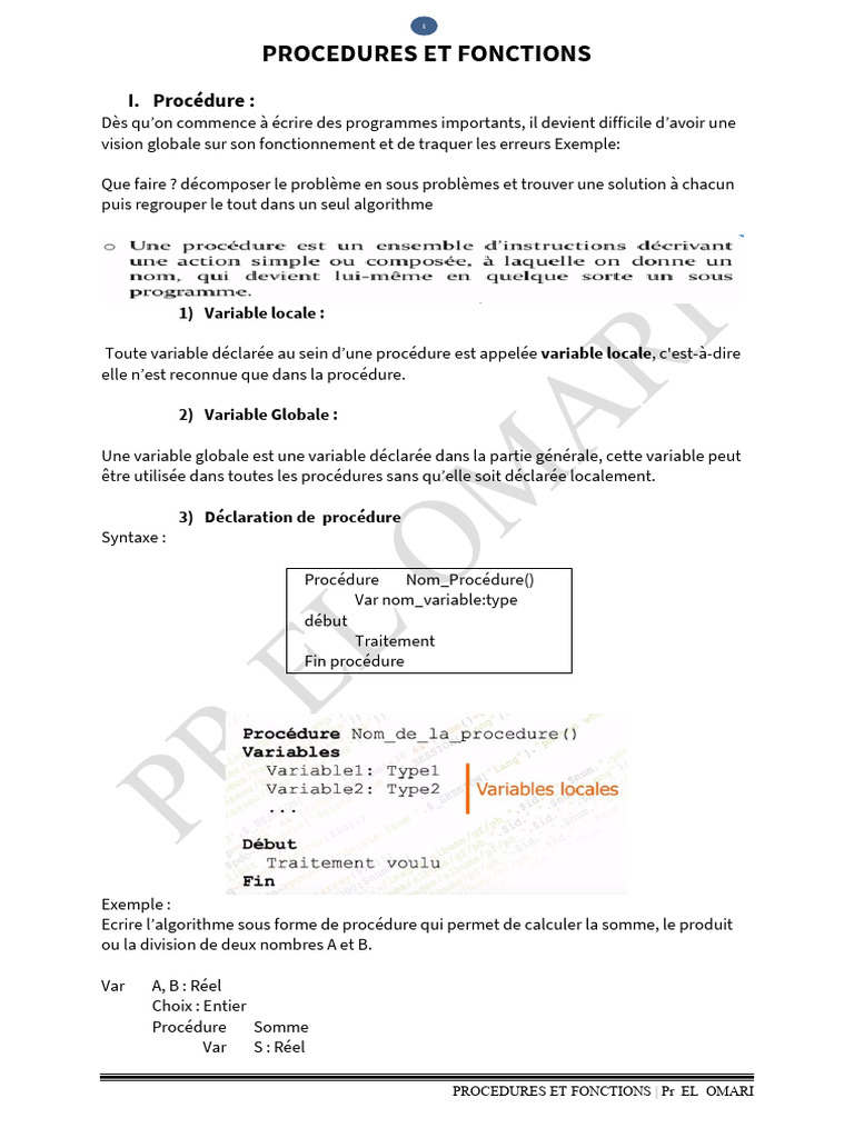 Procedures Et Fonctions | PDF | Paramètre (Programmation informatique ...
