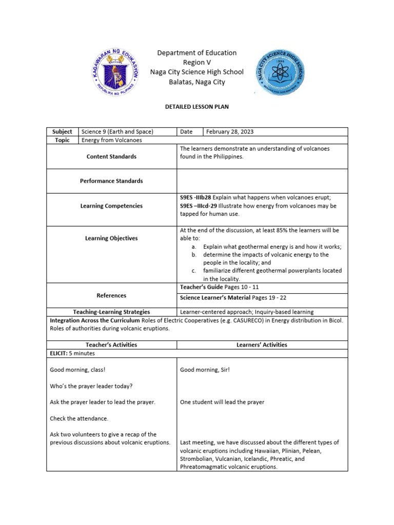 Detailed Lesson Plan Geothermal Energy Pdf Power Station Types
