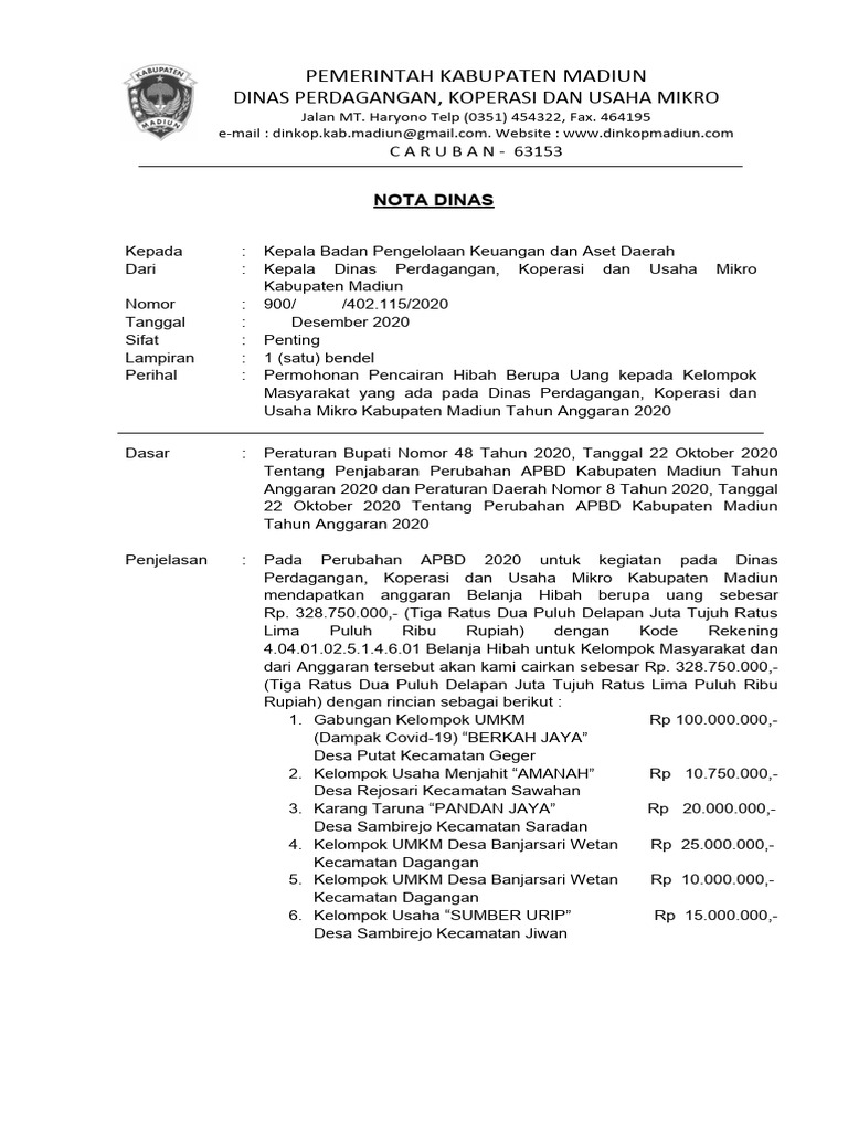 Nota Dinas Pencairan Hibah | PDF