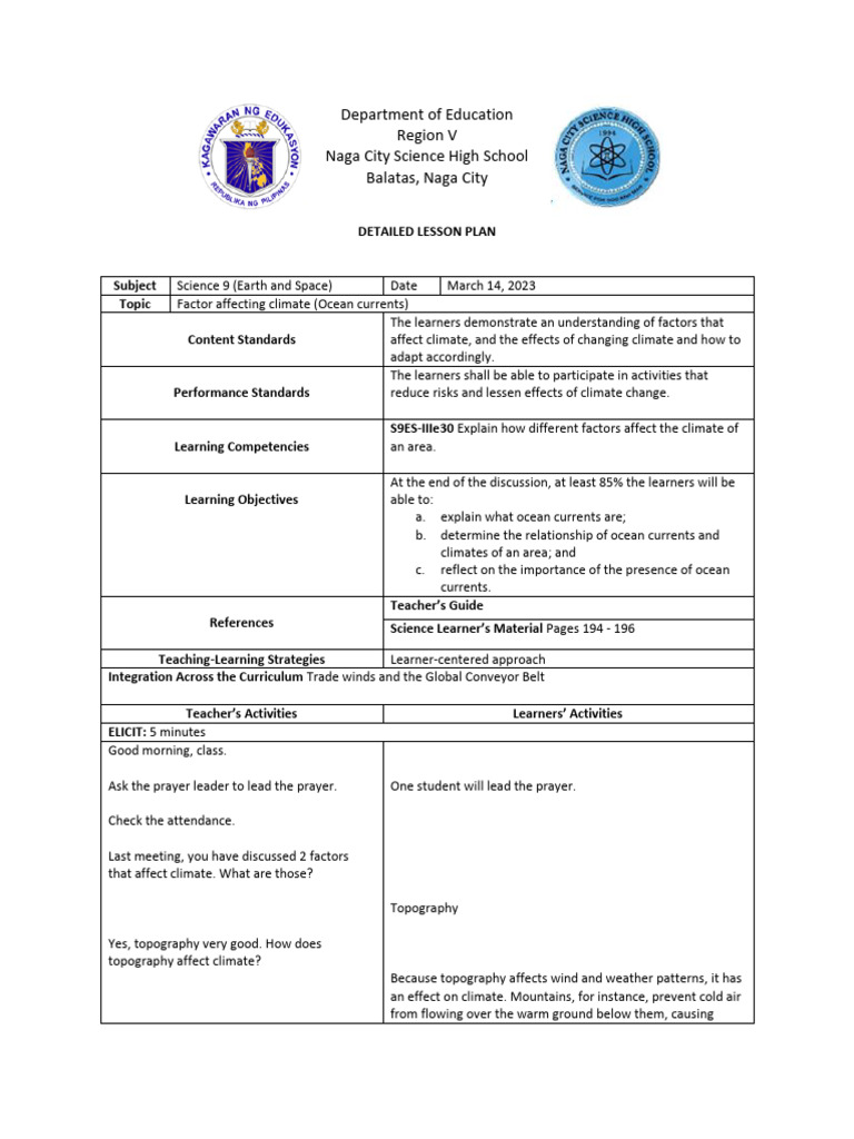 Detailed Lesson Plan. Factors Affecting Climate (Ocean Currents) | PDF ...