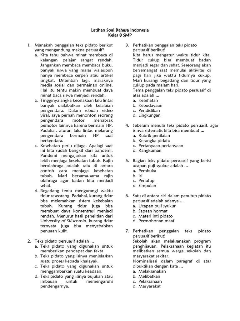 Soal Latihan Teks Pidato Kelas 8 | PDF | Karier & Perkembangan | Ilmu ...