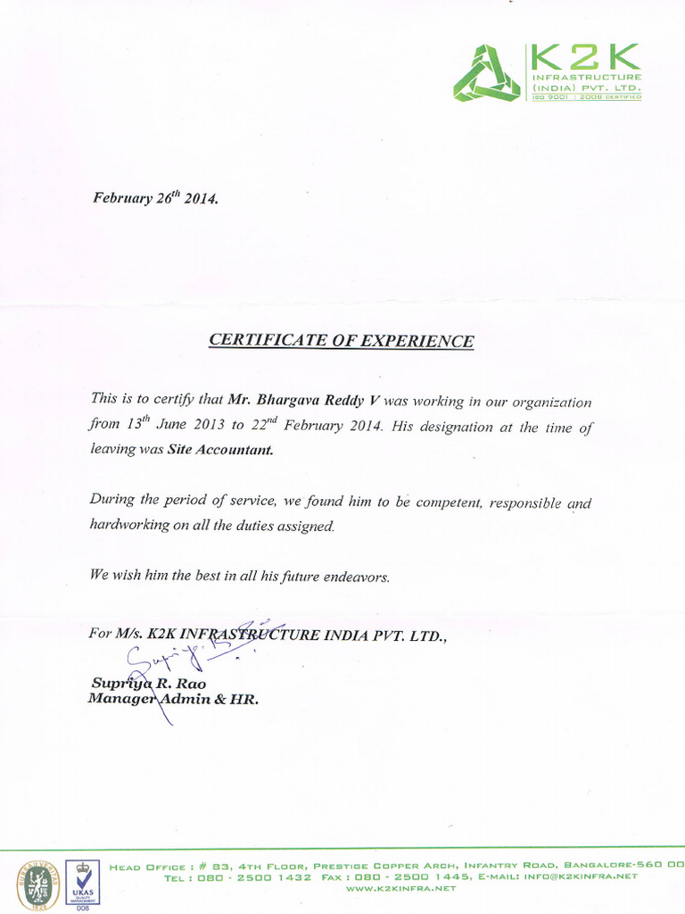 Experience Certificate K2K | PDF