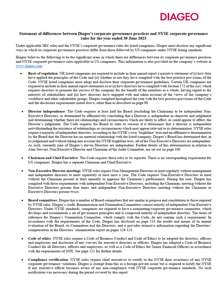 Nyse Statement of Difference 2023 | PDF | Corporate Governance | Governance