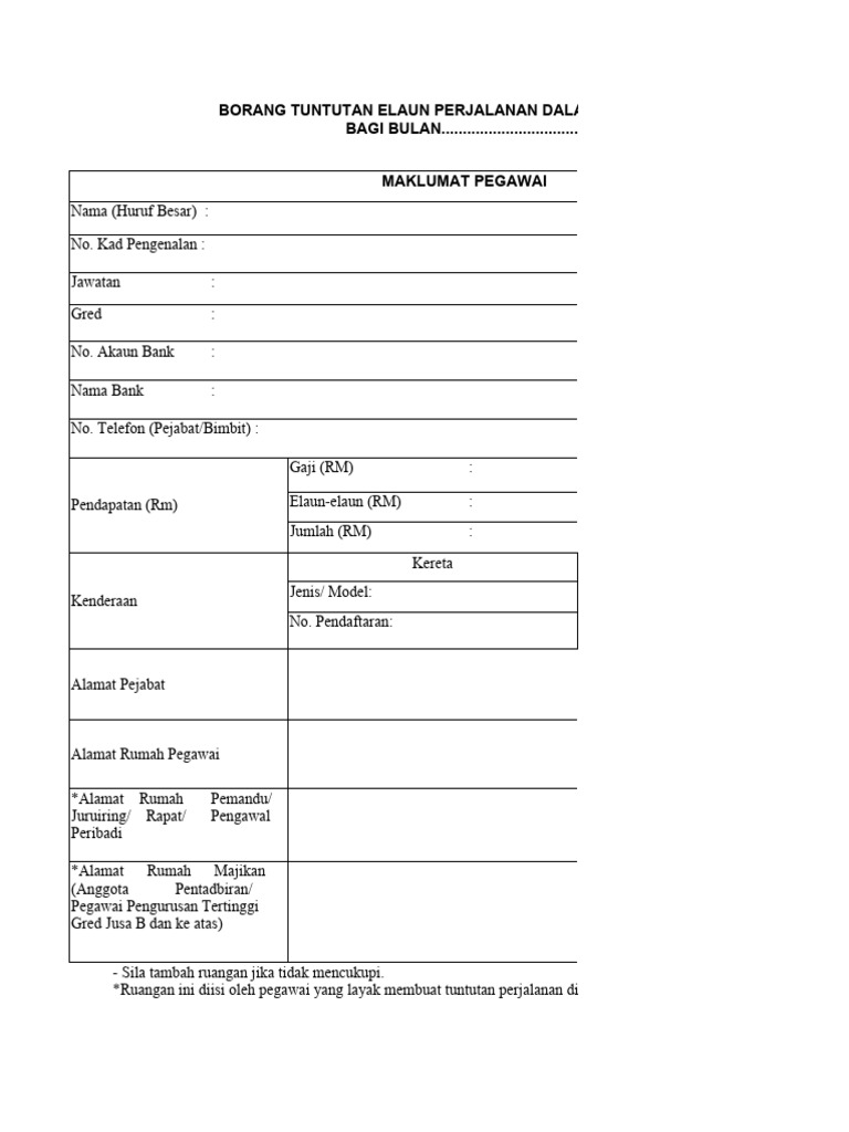 Borang Tuntutan Perjalanan Tahun 2024 Baru Excel - WP 1.4 01012024 | PDF