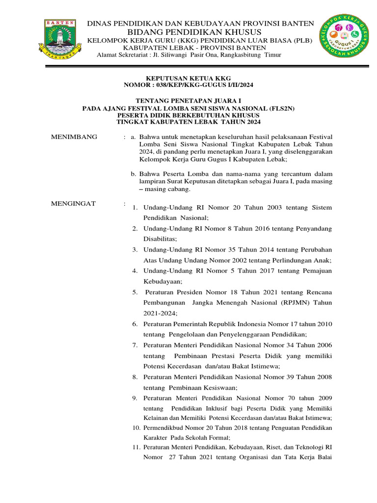 SK Penetapan Juara FLS2N 2024 Lebak | PDF