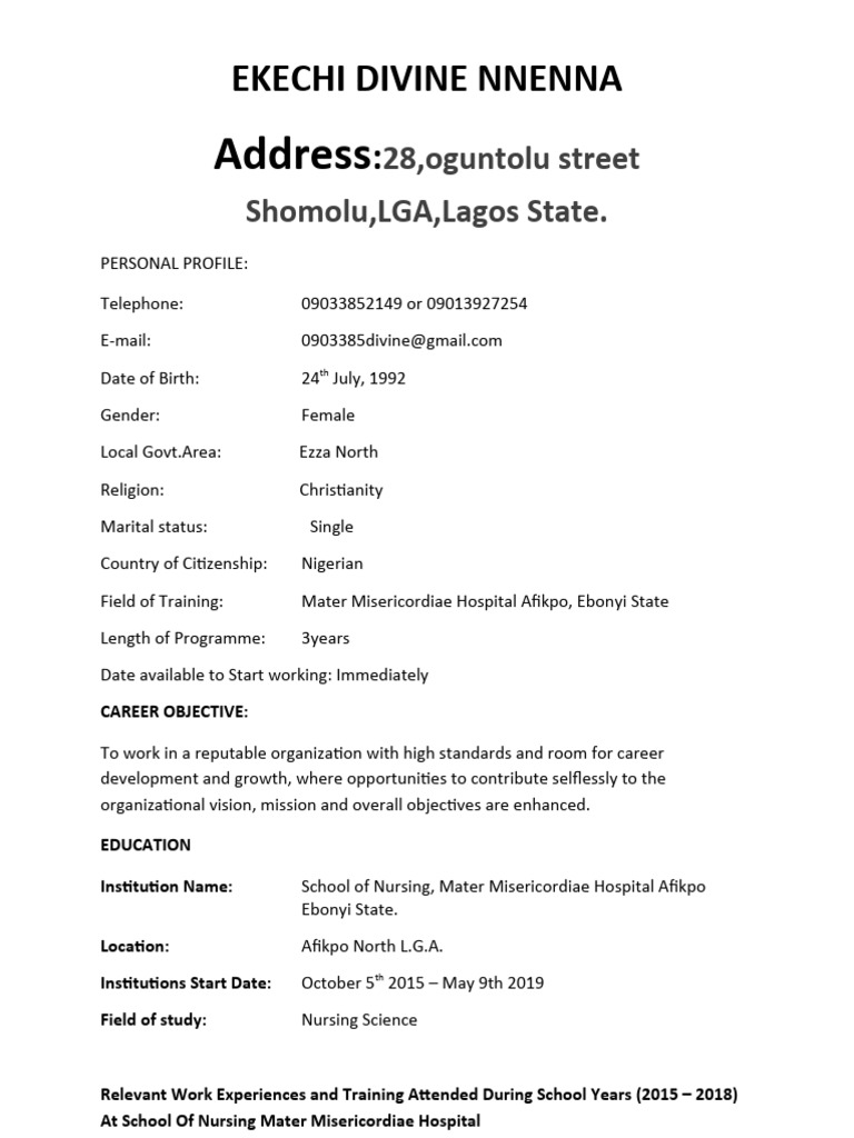 Ekechi Divine Cv Original | PDF | Nursing | Hospital