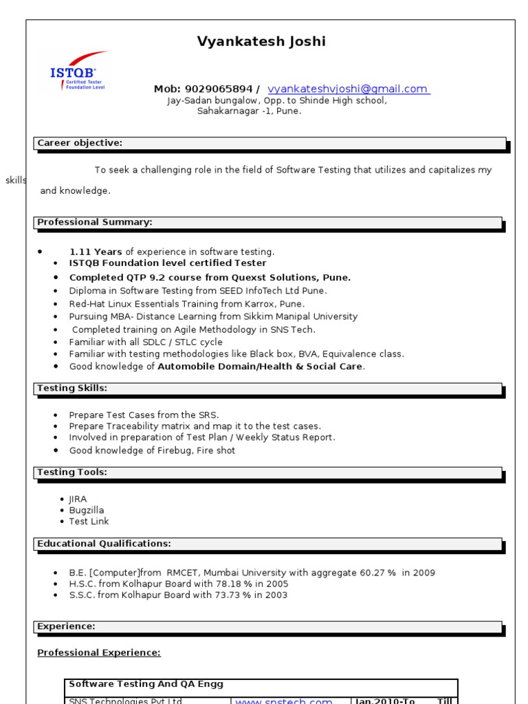 Resume Vyankatesh Joshi | PDF | Software Testing | Internet Resume Vyankatesh Joshi | PDF | Software Testing | Internet