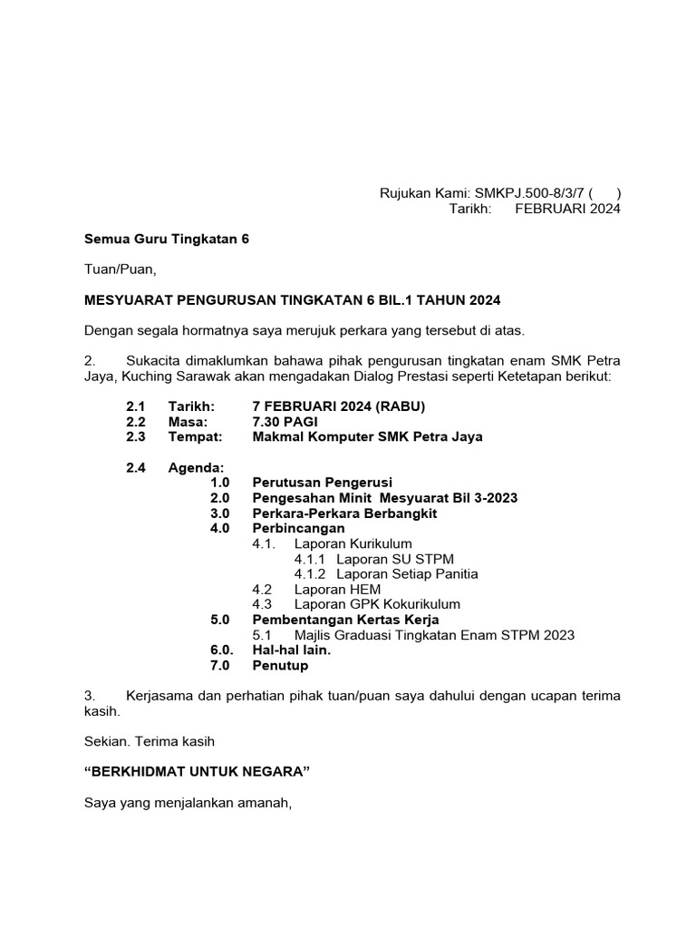 Memo Mesyuarat Pengurusan Bil 1 Tahun 2024 | PDF