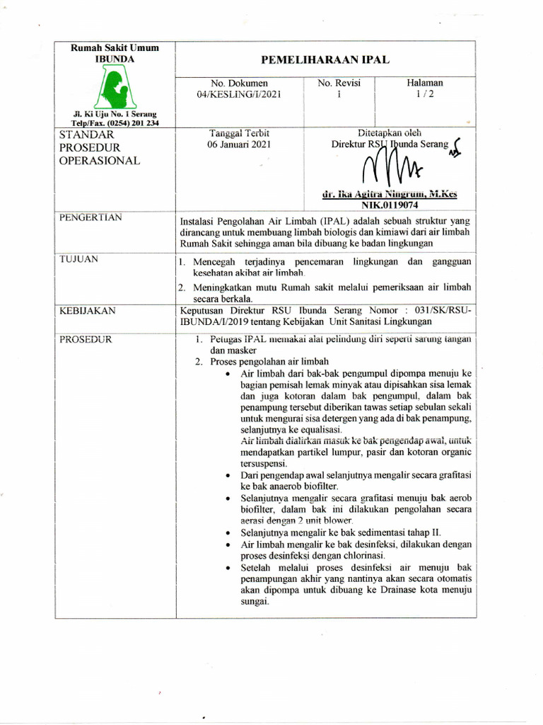 SPO Pemeliharaan IPAL | PDF