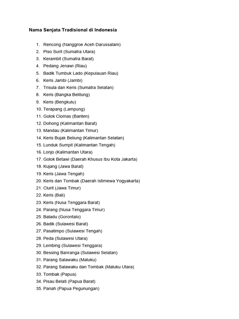 Nama Senjata Tradisional Di Indonesia | PDF | Ilmu Sosial | Perjalanan