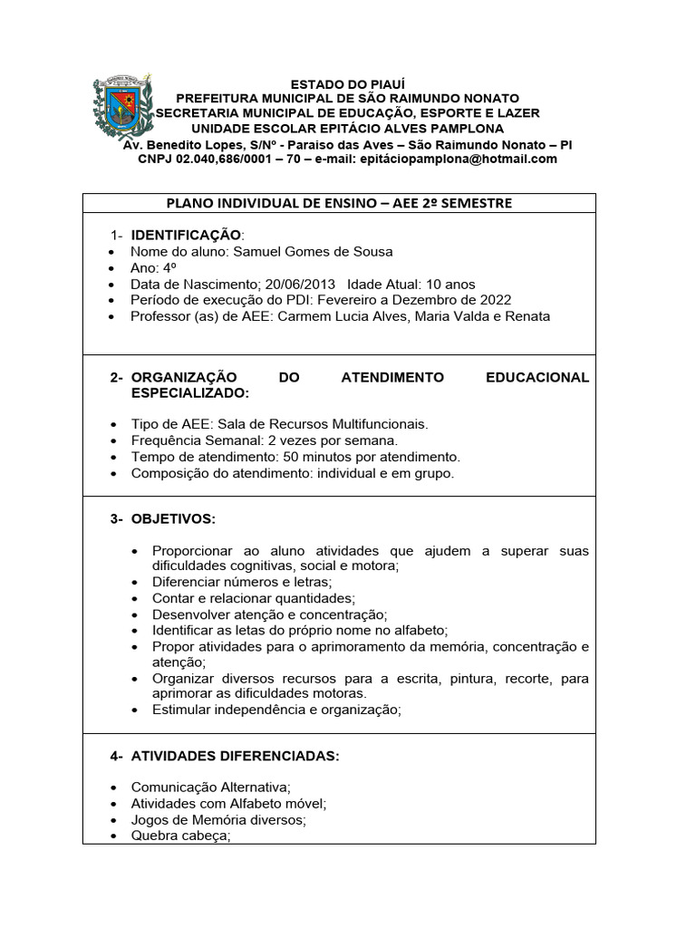 Modelo de Plano Educacional Individual | PDF | Pedagogia