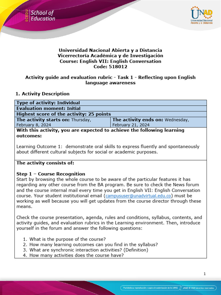 Activity Guide and Evaluation Rubric - Unit 1 - Task 1 - Reflecting Upon English Language ...