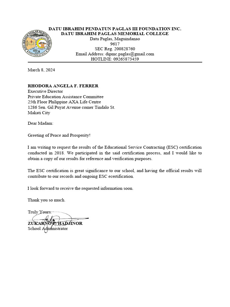 Request for ESC Certification Results | PDF